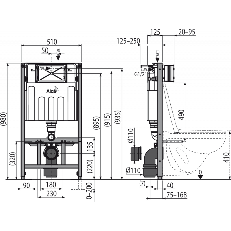 Alca Basic 2in1 1.0m Frame, Cistern & Chrome Plate