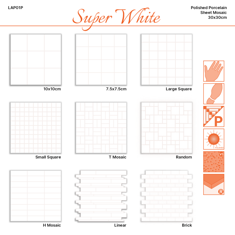 5x5cm Super White Polished Porcelain Large Square Mosaics 30x30cm