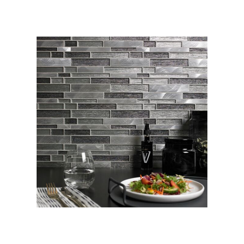 Ashby Grey Glass & Metal Mix Offset Linear Mosaic