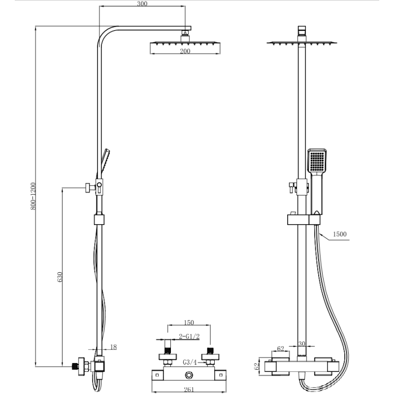 Modern Adjustable Height (850-1200mm) Square Thermostatic Shower Pole ...